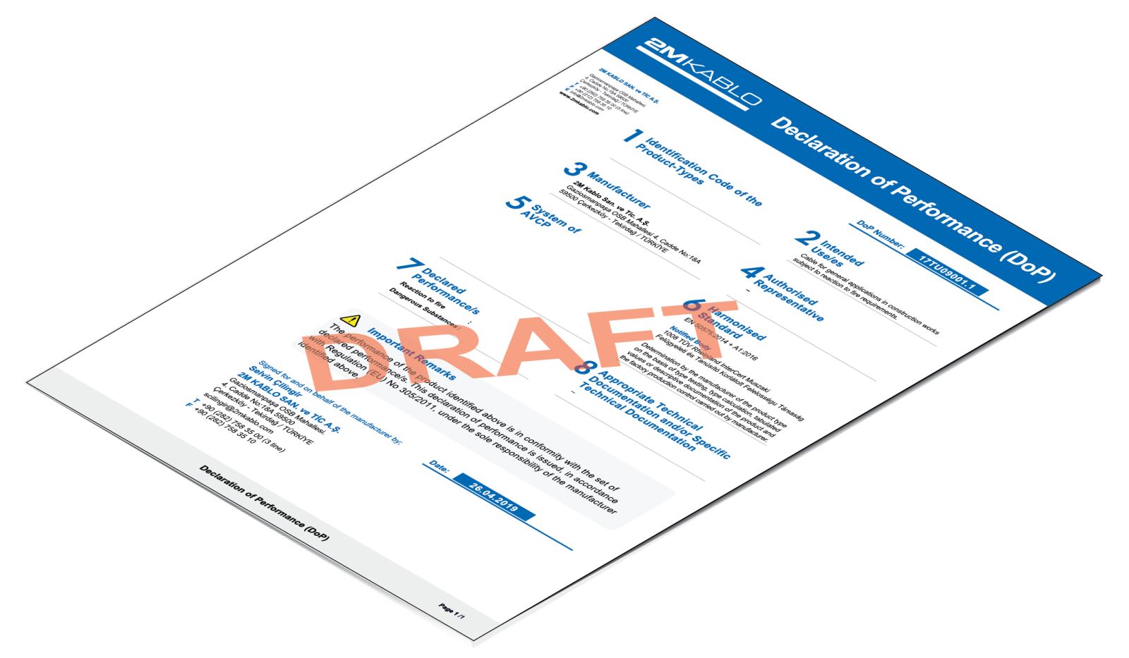 2m Kablo Declaration Of Performance Dop